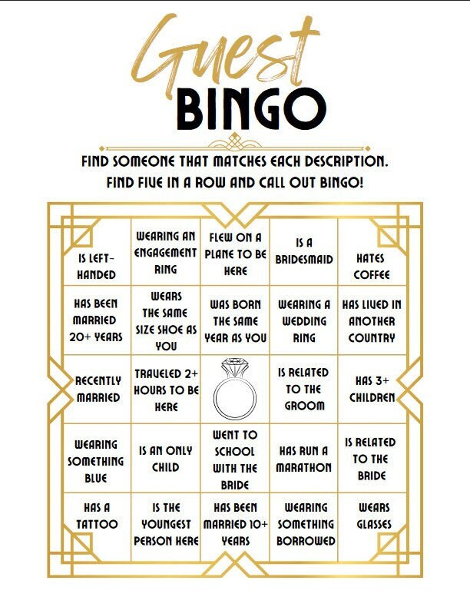 Guest Bingo, Bridal Shower Game, Instant Download, Art Deco Wedding - Etsy