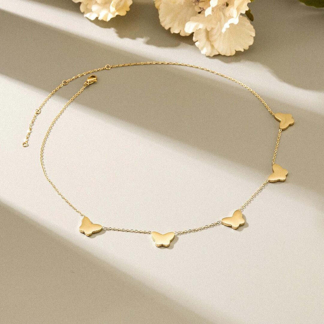 Butterfly Chain Necklace, Tiny Gold Butterfly Charm, Dainty Gold Choker ...
