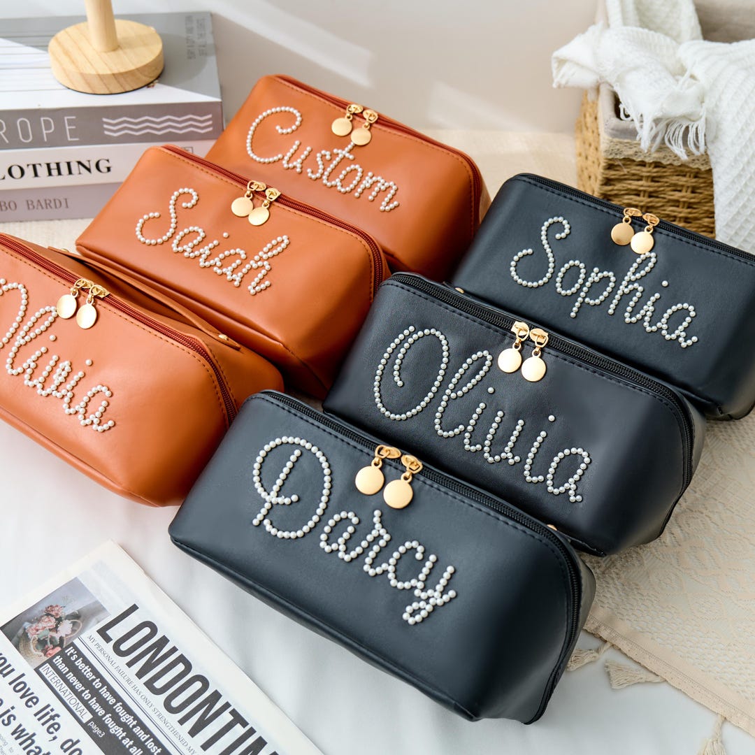 Personalized Leather Embroidered Makeup Bag,pearl Monogrammed Toiletry ...