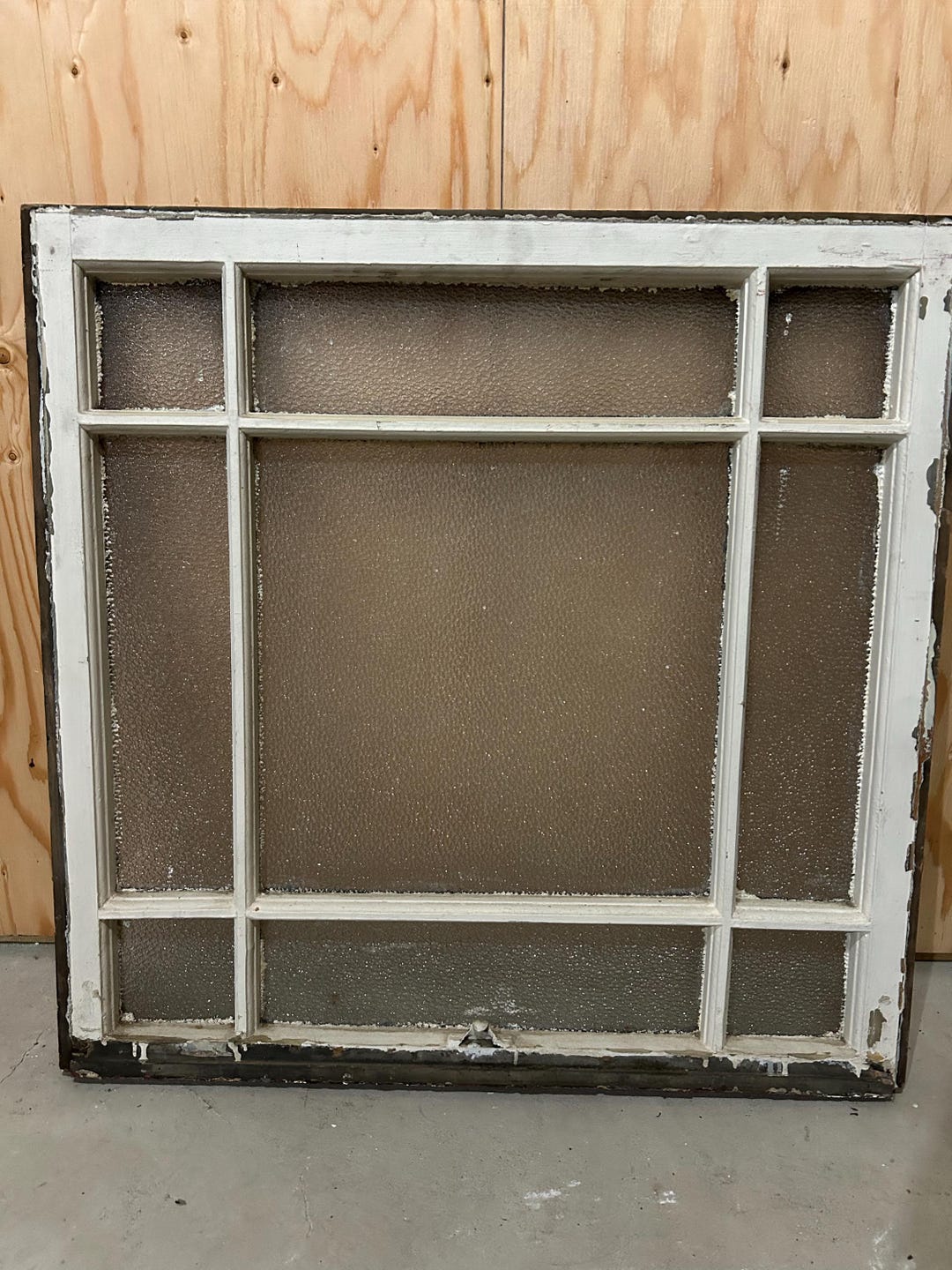 Antique Wood Farmhouse Window Sash Frame 9 Pane Frosted Diamond Glass ...
