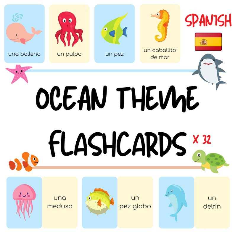 Spanish Ocean Animals Flashcards – Kids Bilingual Vocabulary (PDF ...