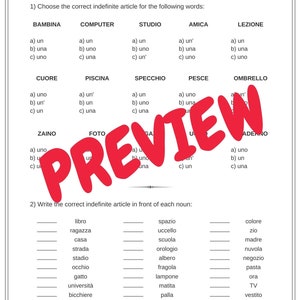 ITALIAN Indefinite Article Grammar Worksheets Articoli | Etsy