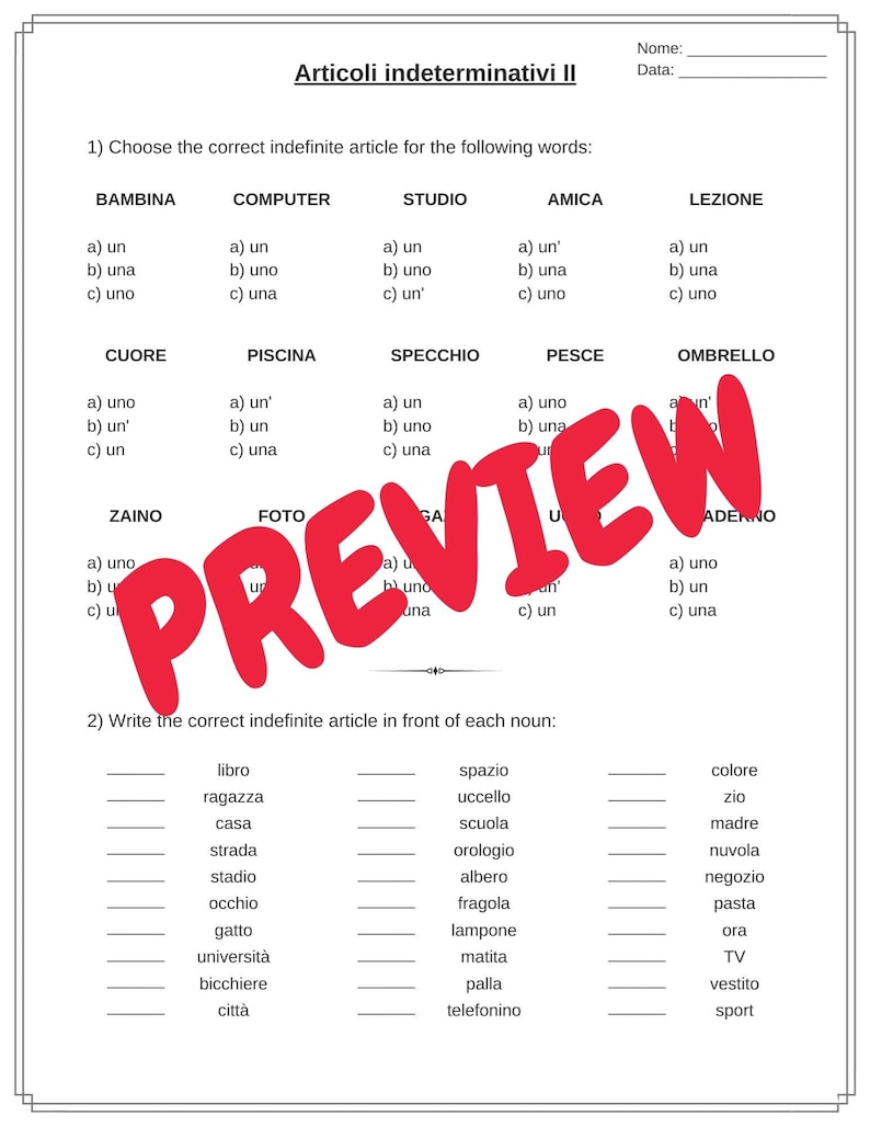 ITALIAN Indefinite Article Grammar Worksheets - Articoli ...