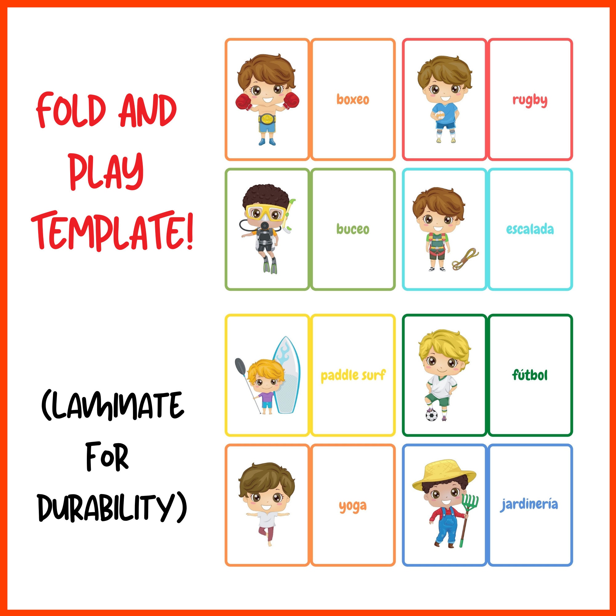 Spanish Sports + Hobbies (boys) Theme Flashcards for Kids - Spanish ...