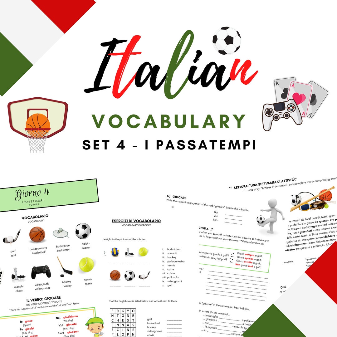 ITALIAN Vocabulary Sheets - Set #4 - I Passatempi - PDF Download - Etsy