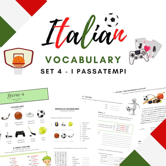 ITALIAN Vocabulary Sheets Set 4 I Passatempi PDF | Etsy