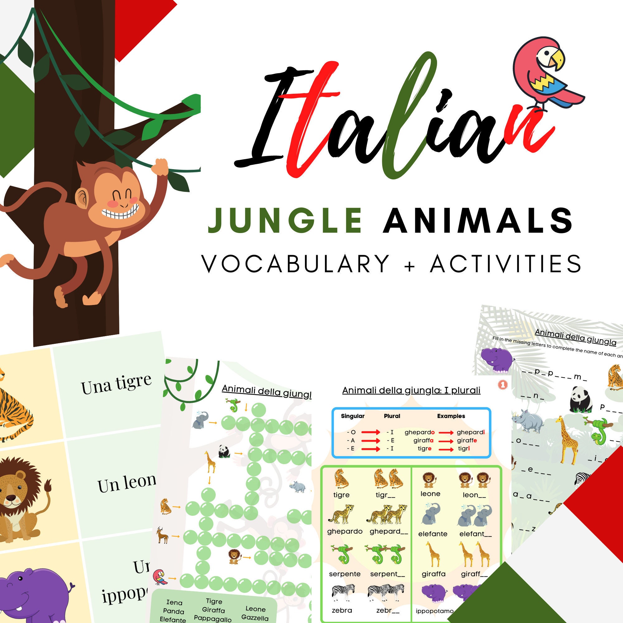 ITALIAN Jungle Animal Vocabulary Activities for Kids PDF Download - Etsy
