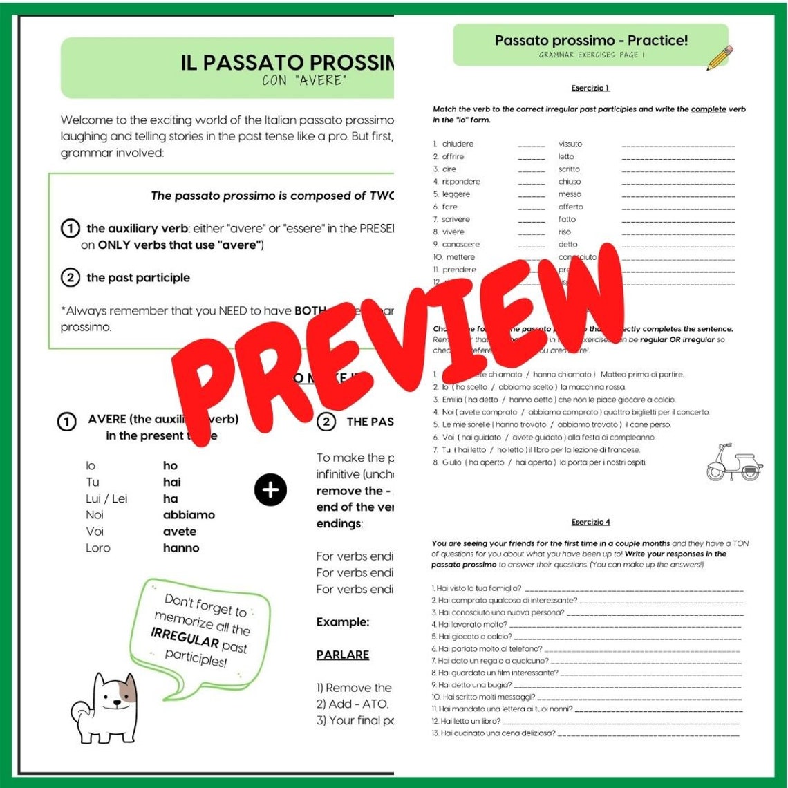 Italian Passato Prossimo (with Verbs That Use AVERE) Grammar ...
