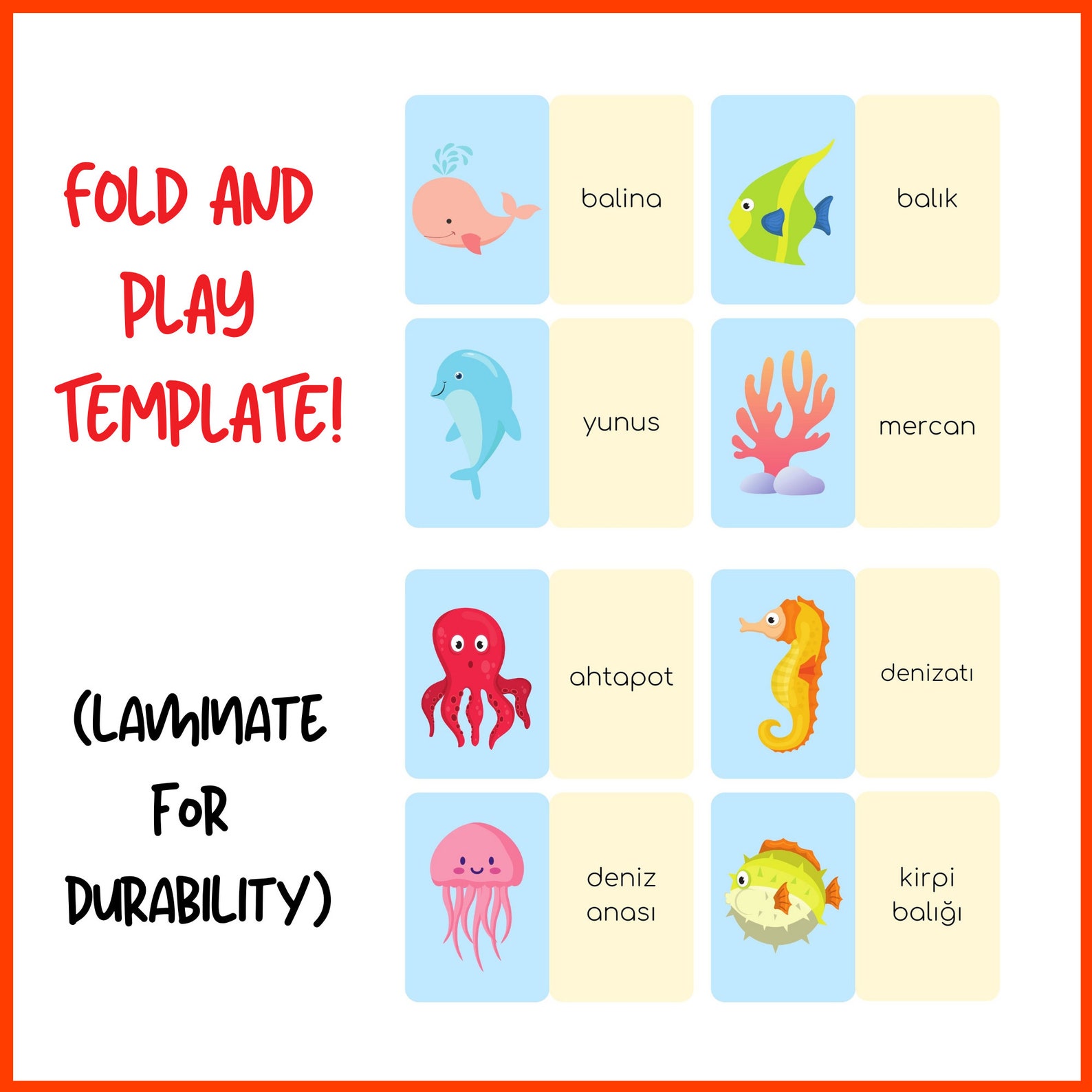 Turkish Ocean Theme Flashcards for Kids - Turkish Vocabulary Practice ...