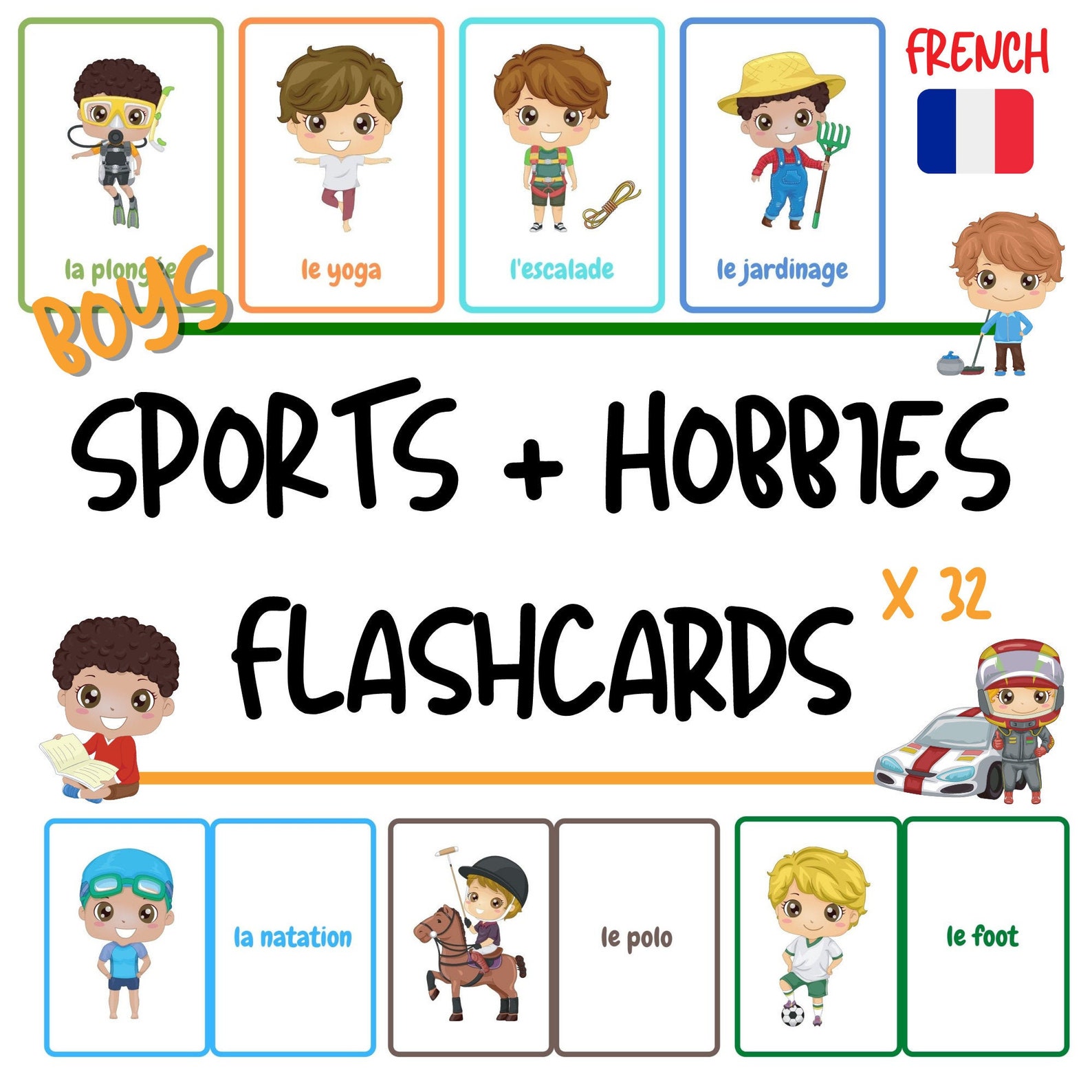 French Sports + Hobbies (Boys) Theme Flashcards for Kids - Pratique du ...