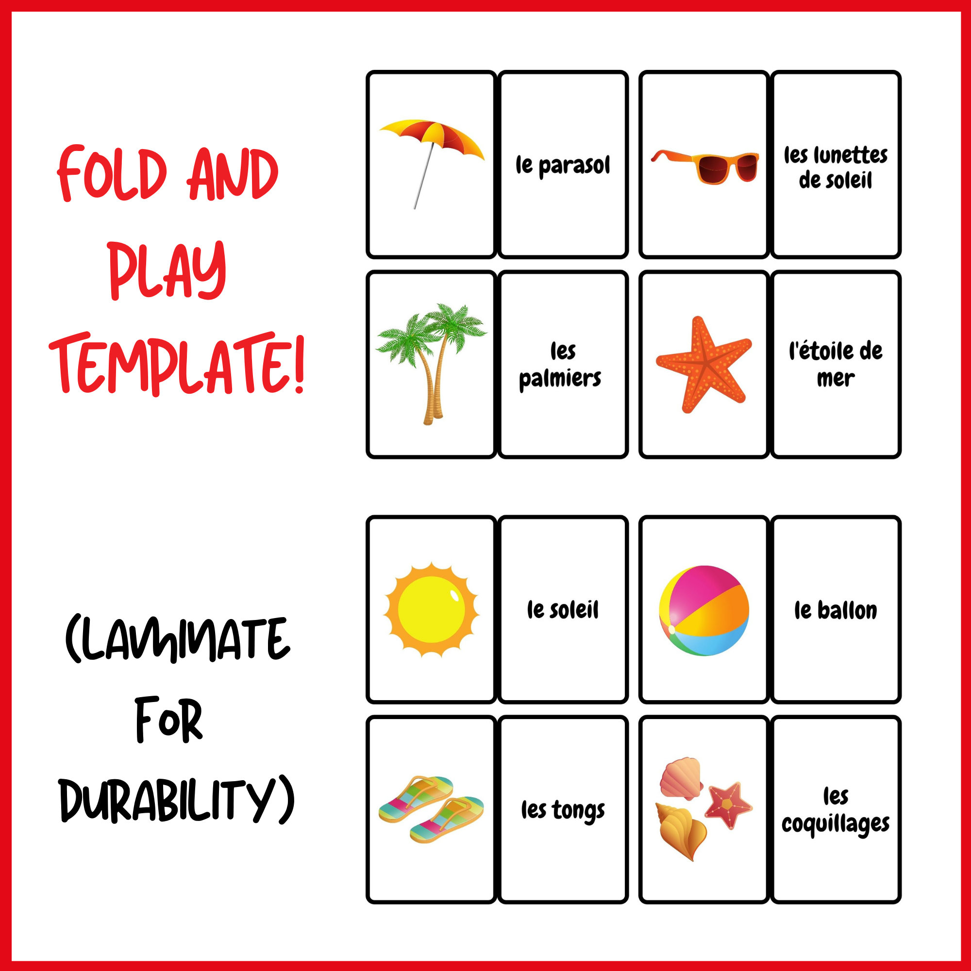 French Beach Theme Flashcards for Kids French Vocabulary Practice for ...