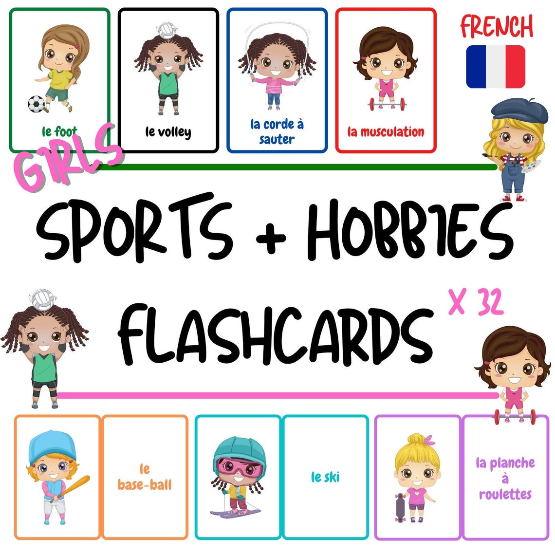 French Sports + Hobbies (girls) Theme Flashcards for Kids - French ...