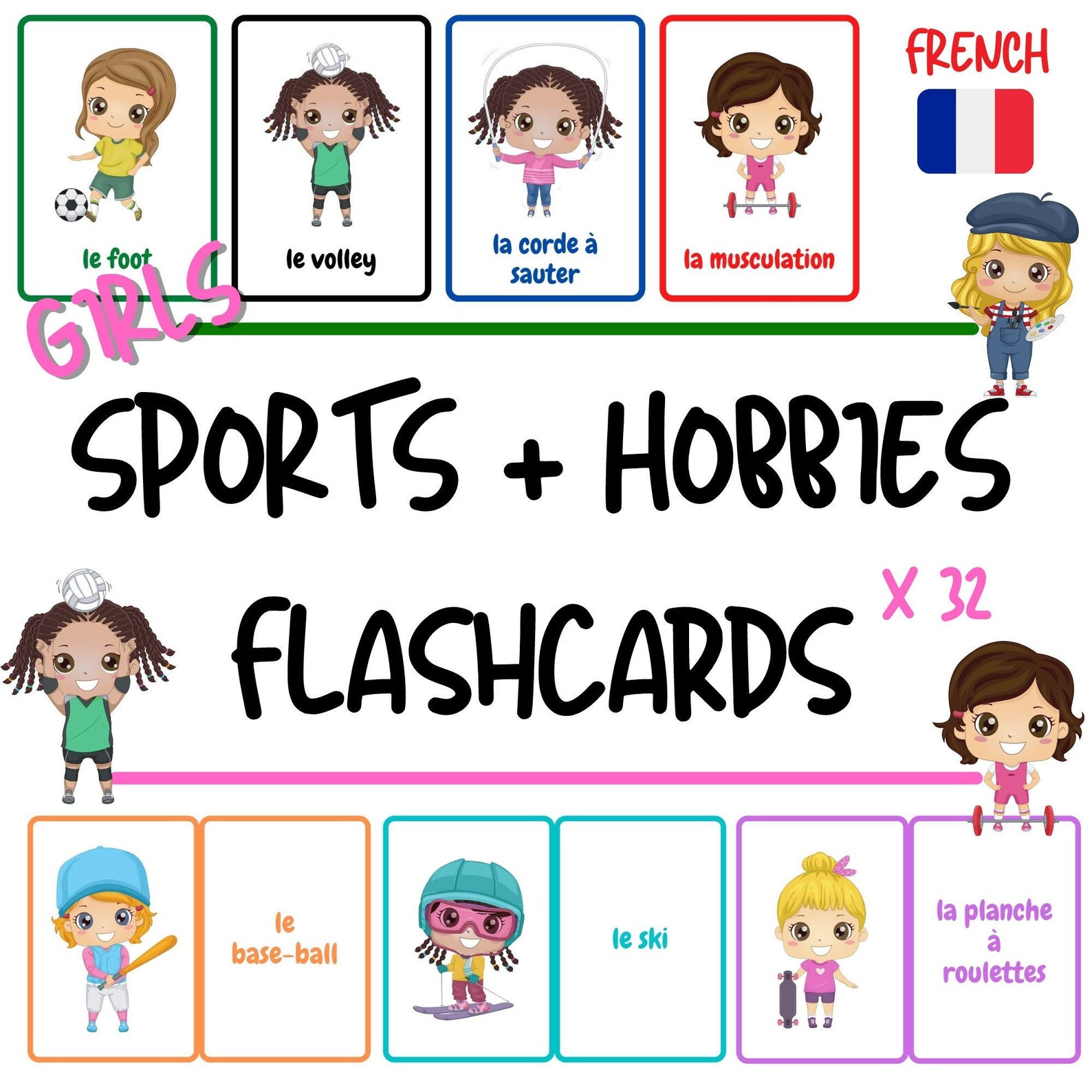 French Sports + Hobbies (girls) Theme Flashcards for Kids - French ...