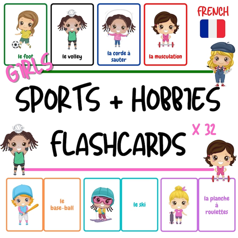 French Sports + Hobbies (girls) Theme Flashcards for Kids - French ...