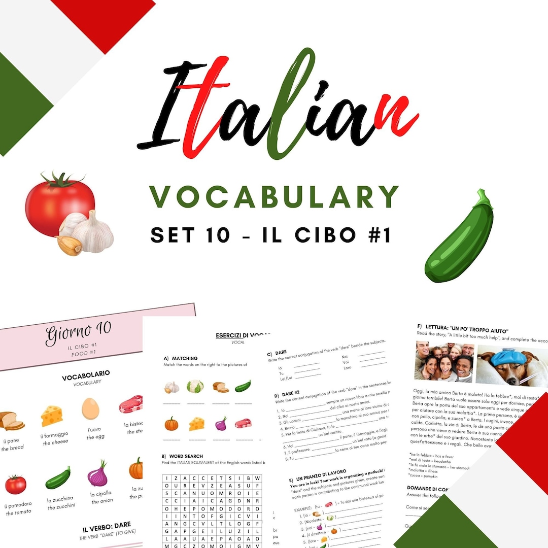 ITALIAN Vocabulary Sheets - Set #10 - Il Cibo 1 - Food 1 - Worksheets ...