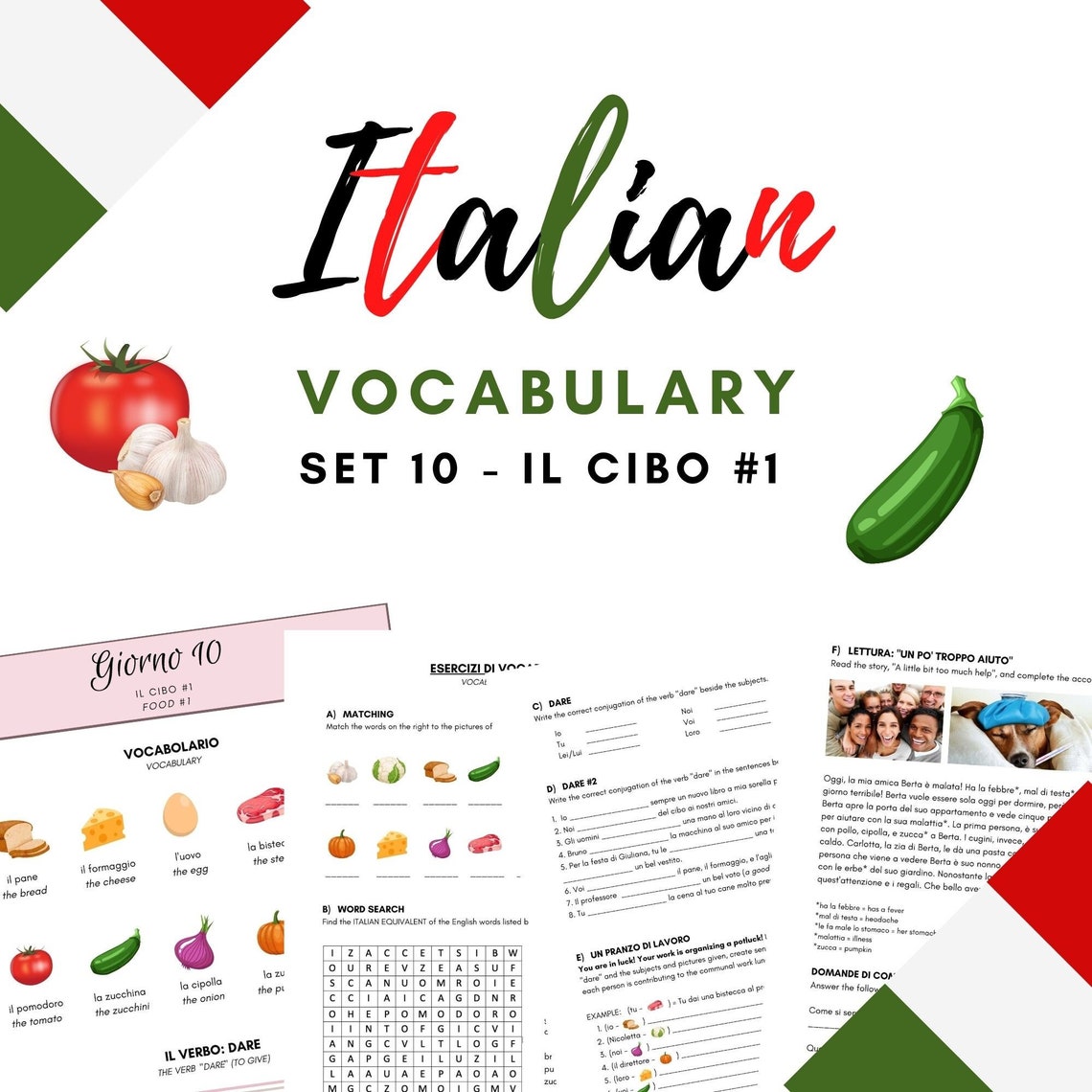 ITALIAN Vocabulary Sheets Set 10 Il Cibo 1 Food 1 Worksheets for ...