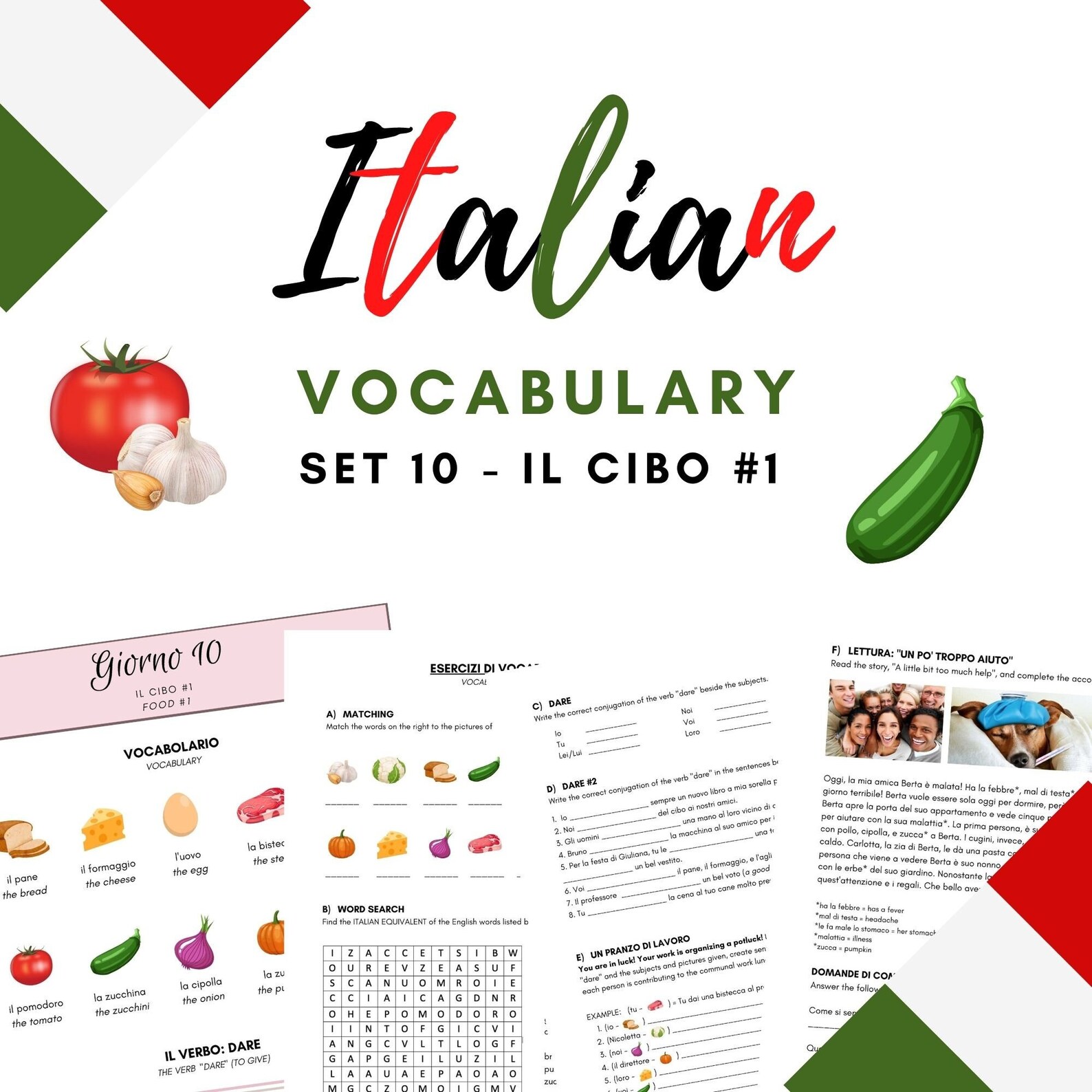 ITALIAN Vocabulary Sheets Set 10 Il Cibo 1 Food 1 Worksheets for ...