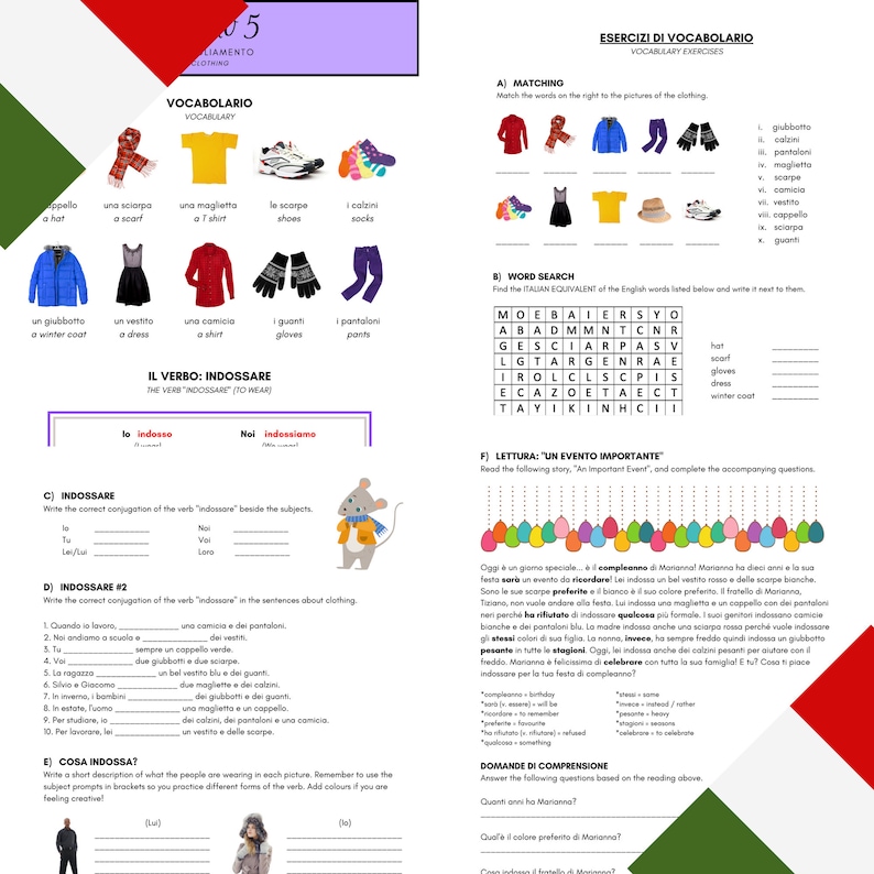 ITALIAN Vocabulary Sheets - Set #5 - L'abbigliamento / Clothing - PDF ...