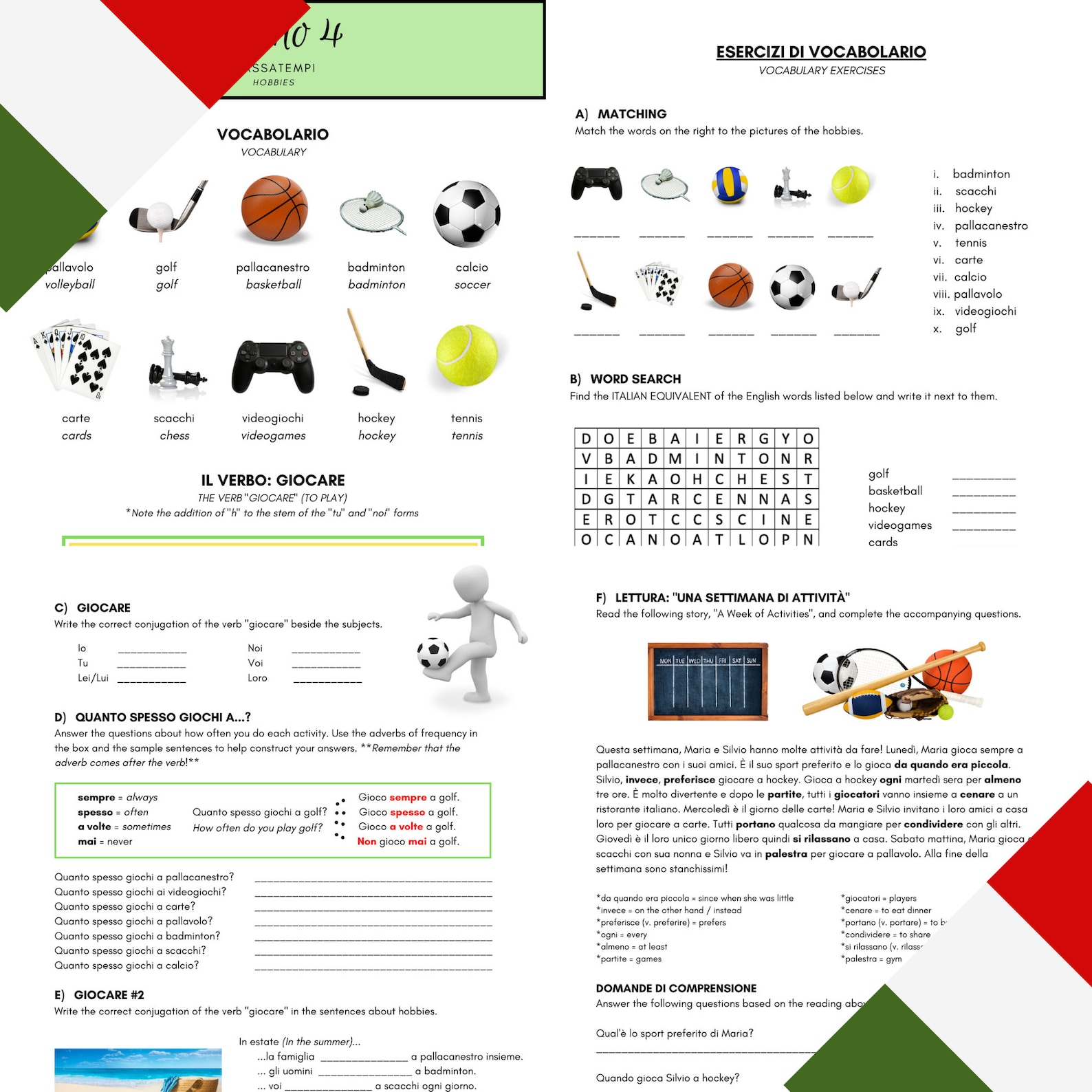 ITALIAN Vocabulary Sheets - Set #4 - I Passatempi - PDF Download - Etsy
