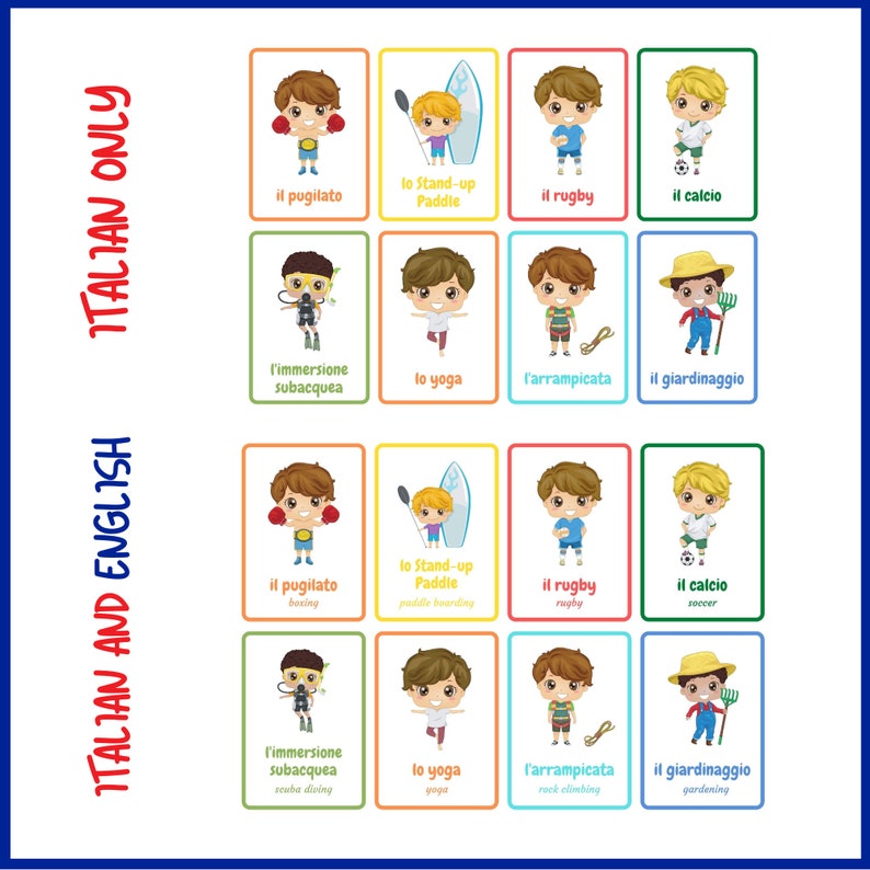 Italian Flashcards - Sports + Hobbies (boys) Theme Flashcards for Kids ...