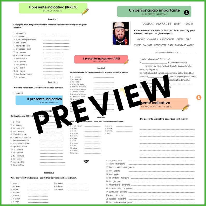 Italian Present Tense Verb Worksheets – Grammar Practice (PDF Download ...