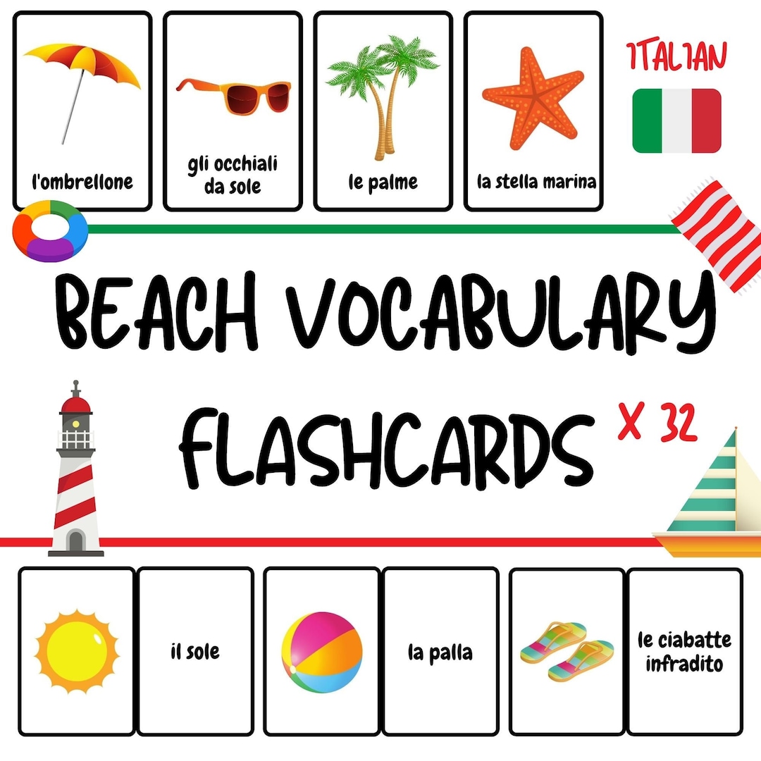 Beach Theme Italian Flashcards – Vocabulary Learning (PDF Download) - Etsy