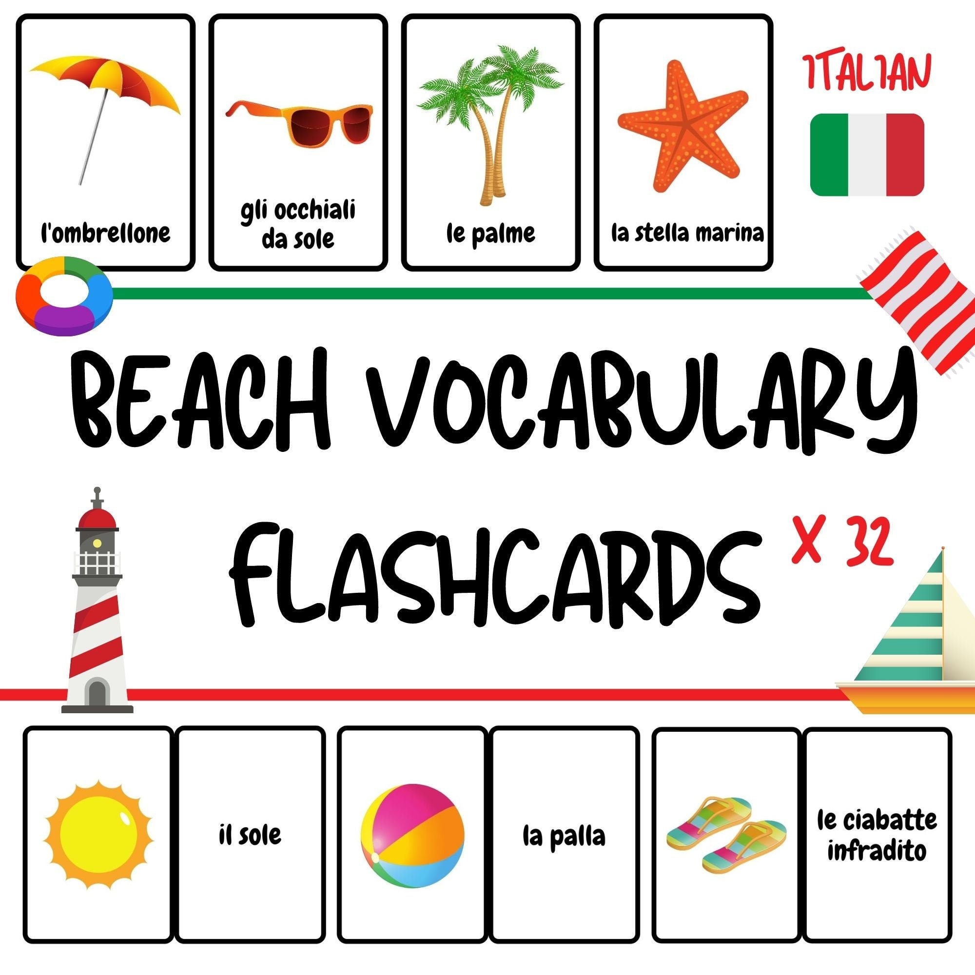 Italian Flashcards Beach Theme Cute Flashcards for Kids - Etsy 日本