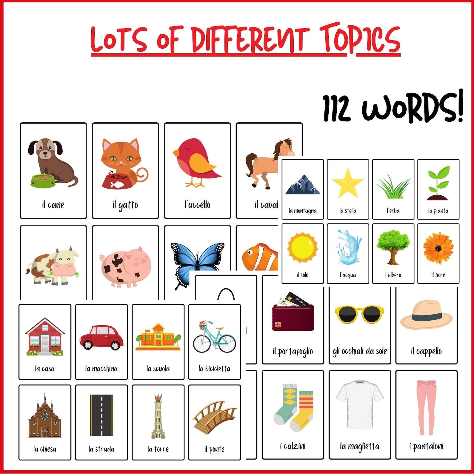 Italian Flashcards 112 Common Italian Words Italian for - Etsy