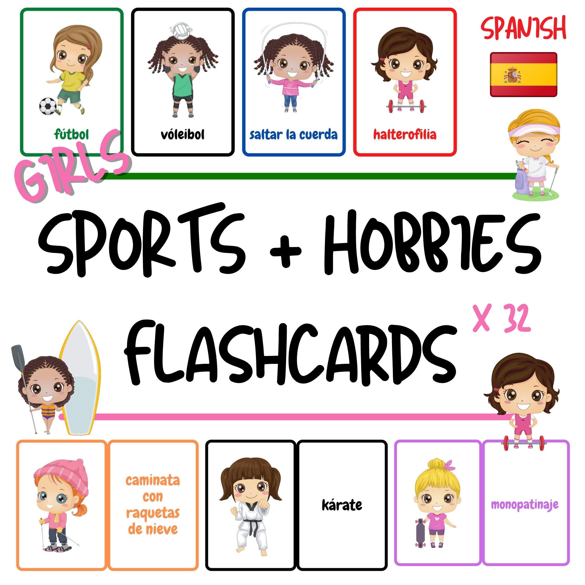 Spanish Sports + Hobbies (girls) Theme Flashcards for Kids - Spanish ...