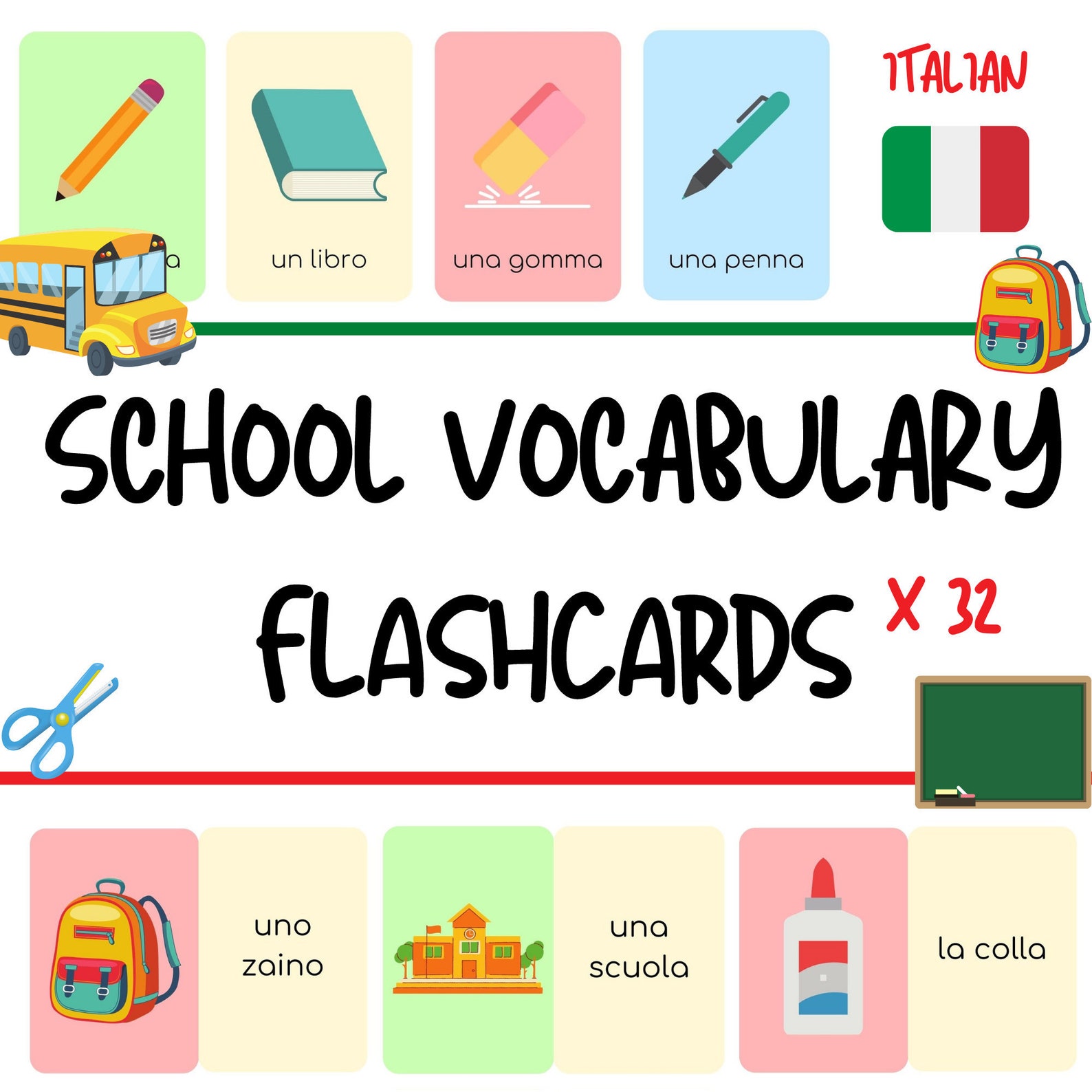 Italian Flashcards School / Scuola Theme Cute Flashcards for - Etsy