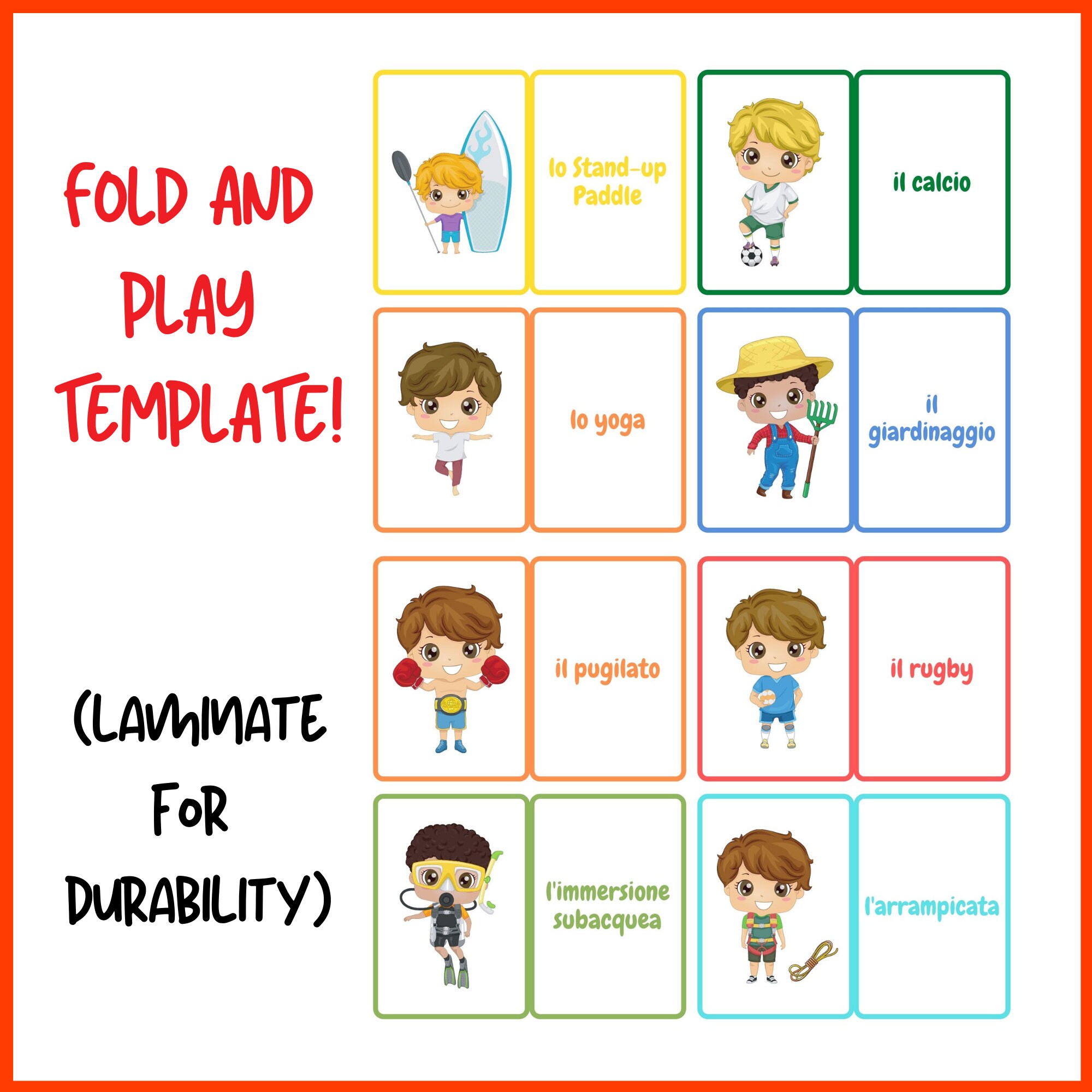 Italian Flashcards Sports Hobbies boys Theme Flashcards | Etsy