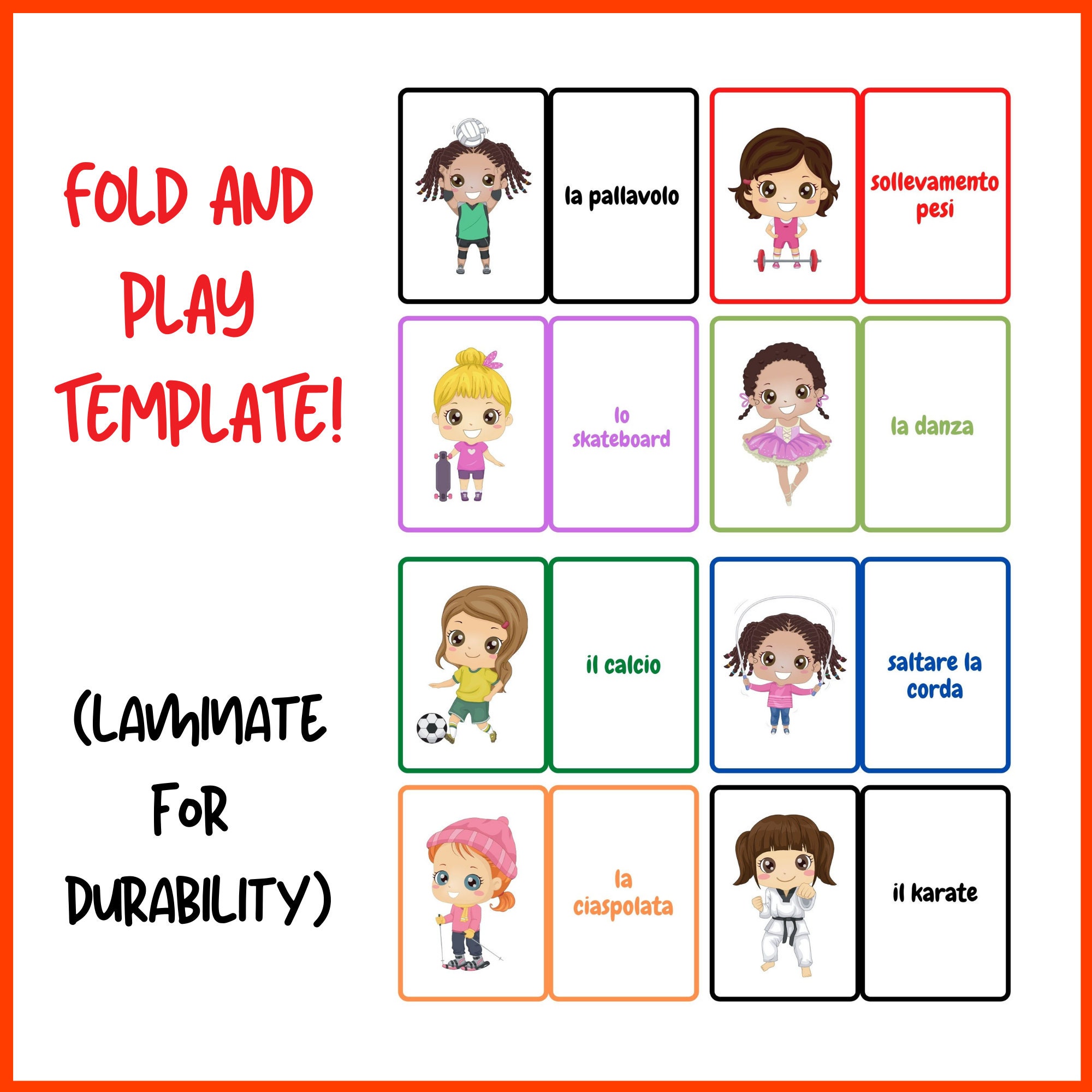 Italian Flashcards - Sports + Hobbies (girls) Theme Flashcards for Kids ...