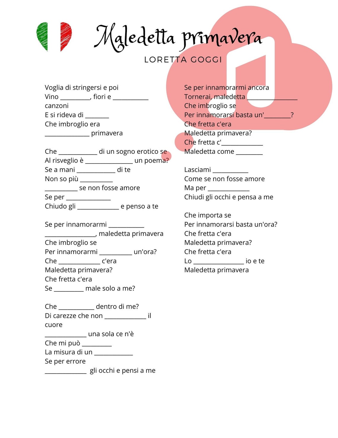 Italian Song Worksheets - Learn Italian - Fill in the Blanks Exercises ...
