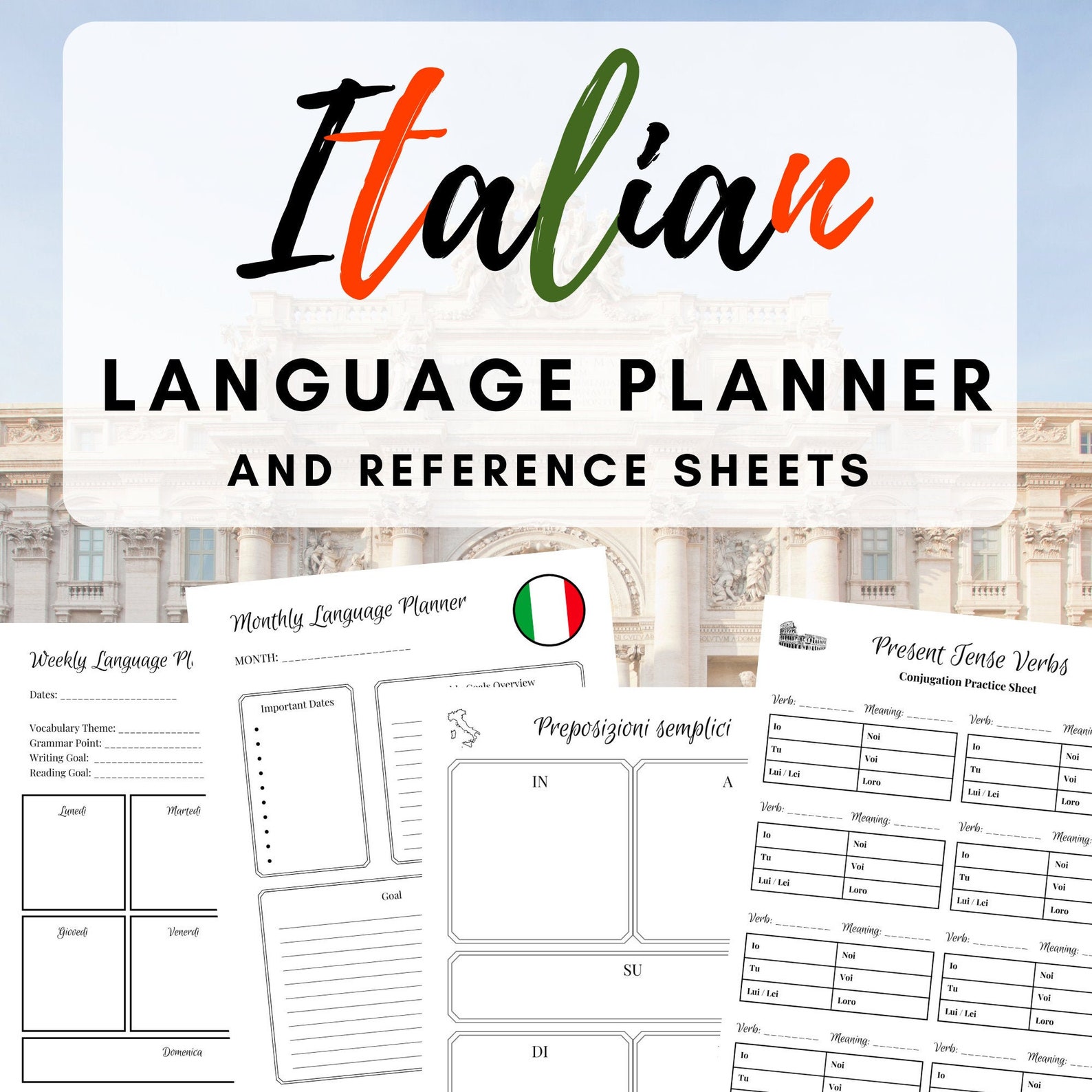Italian Printable Language and Study Planner Verb Practice, Templates ...