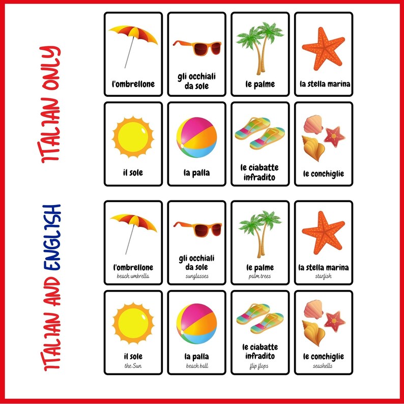 Beach Theme Italian Flashcards – Vocabulary Learning (PDF Download) - Etsy