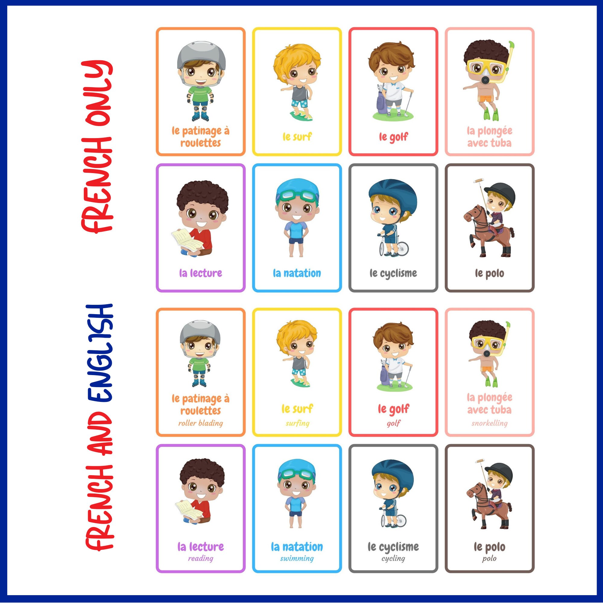 French Sports + Hobbies (Boys) Theme Flashcards for Kids - Pratique du ...