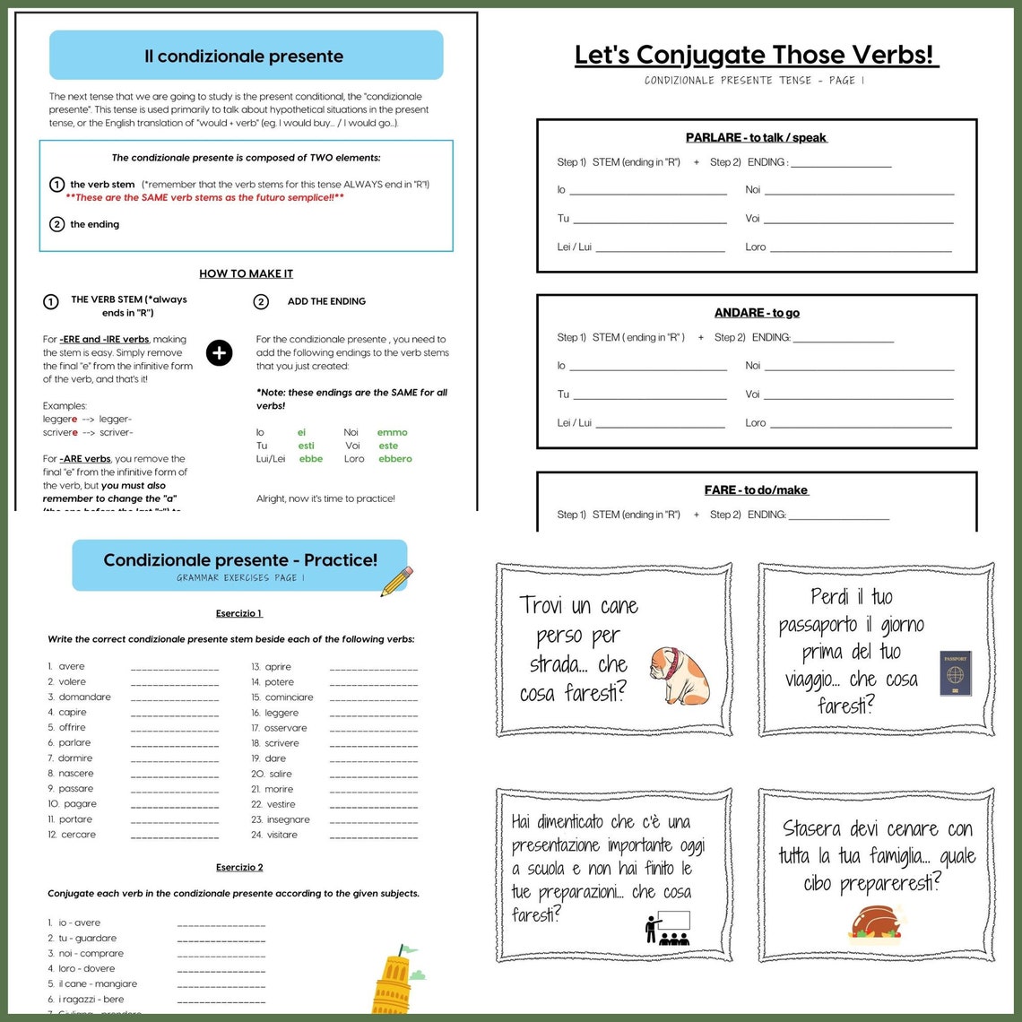 Italian Conditional Verbs - Condizionale - Grammar & Reference Sheets ...