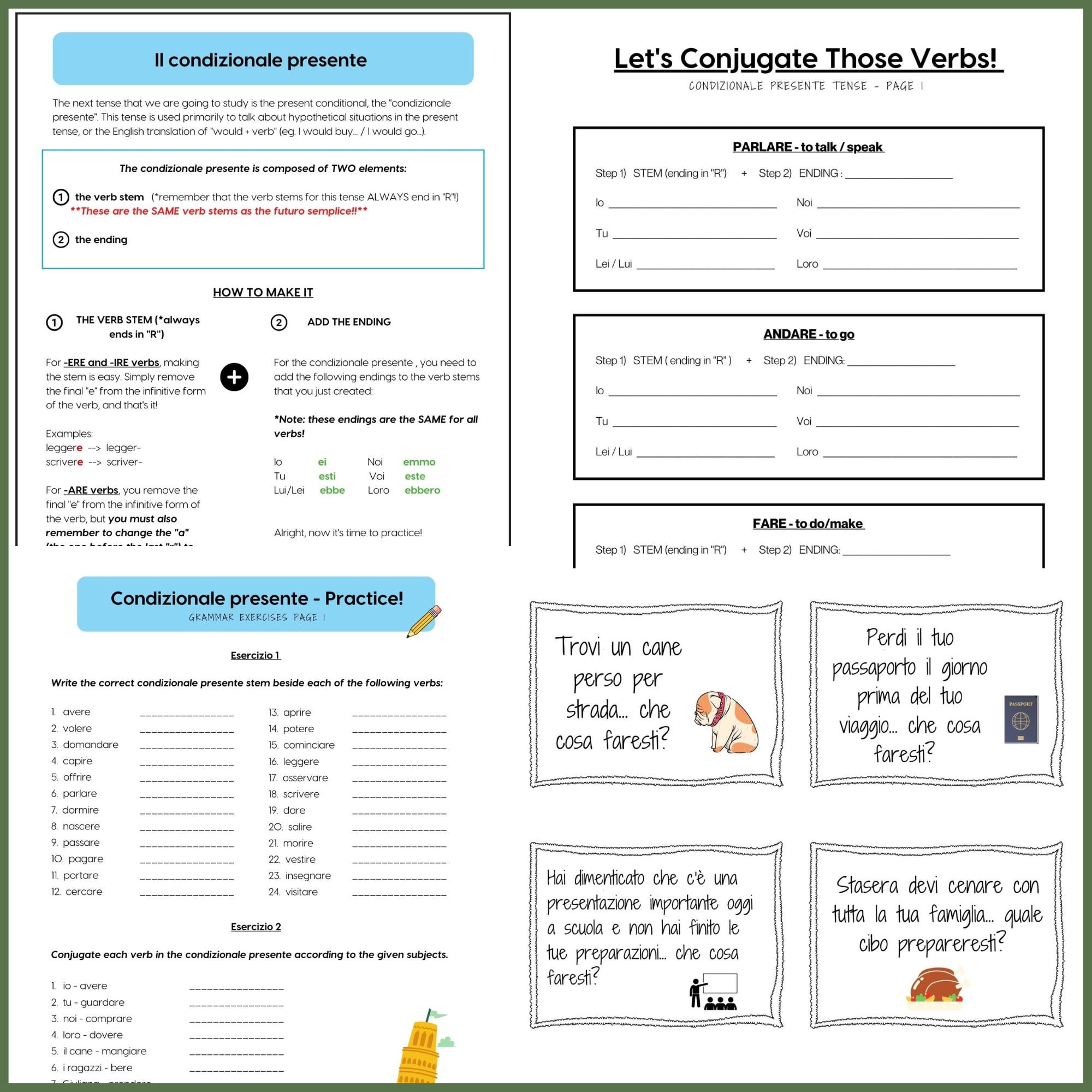 Italian Conditional Verbs - Condizionale - Grammar & Reference Sheets ...