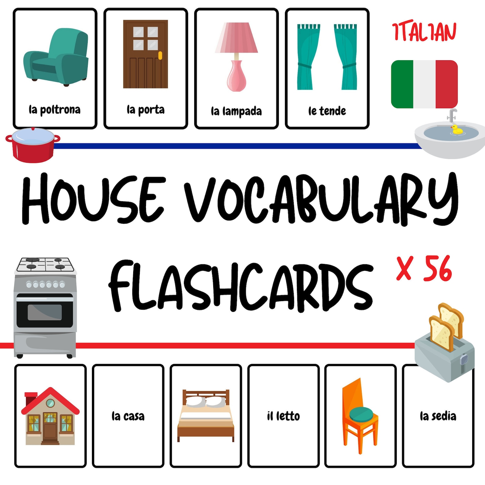 Italian Flashcards - House Vocabulary Flashcards for Kids (56 Words ...