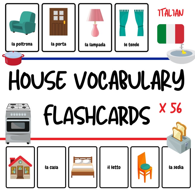 Italian Flashcards - House Vocabulary Flashcards for Kids (56 Words ...
