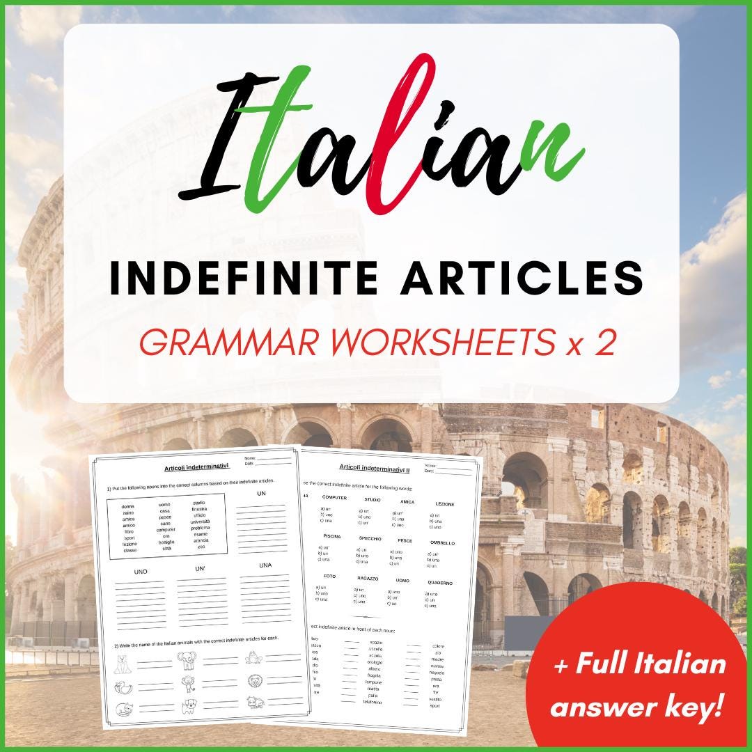 ITALIAN Indefinite Article Grammar Worksheets - Articoli ...