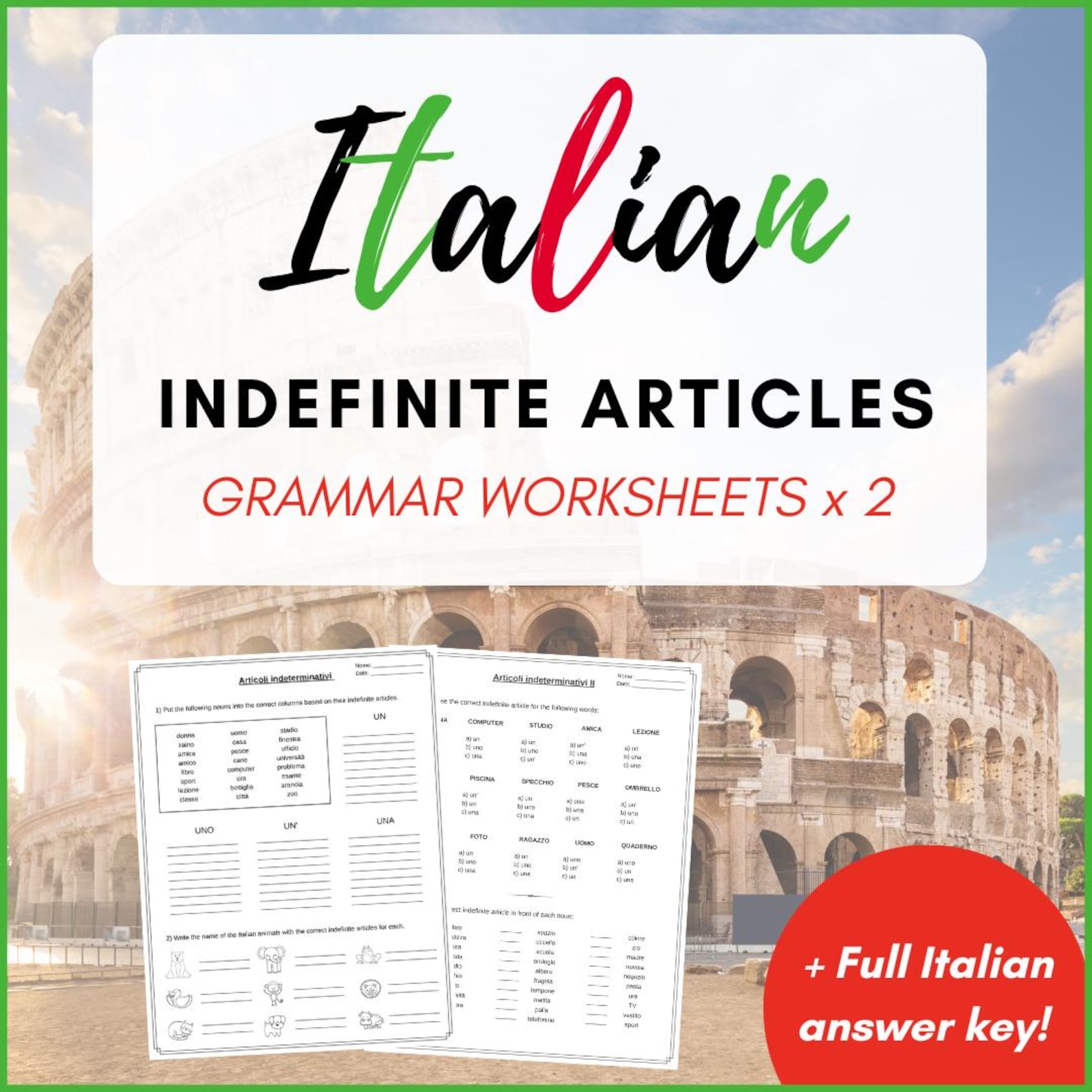 Italian Indefinite Article Worksheets – Grammar Exercises (PDF Download ...
