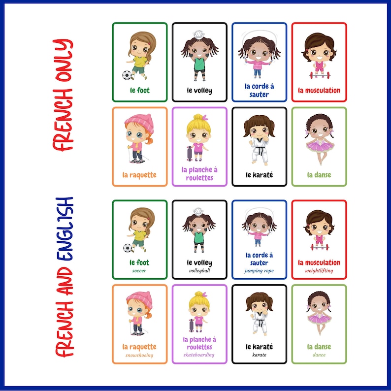 French Sports + Hobbies (girls) Theme Flashcards for Kids - French ...