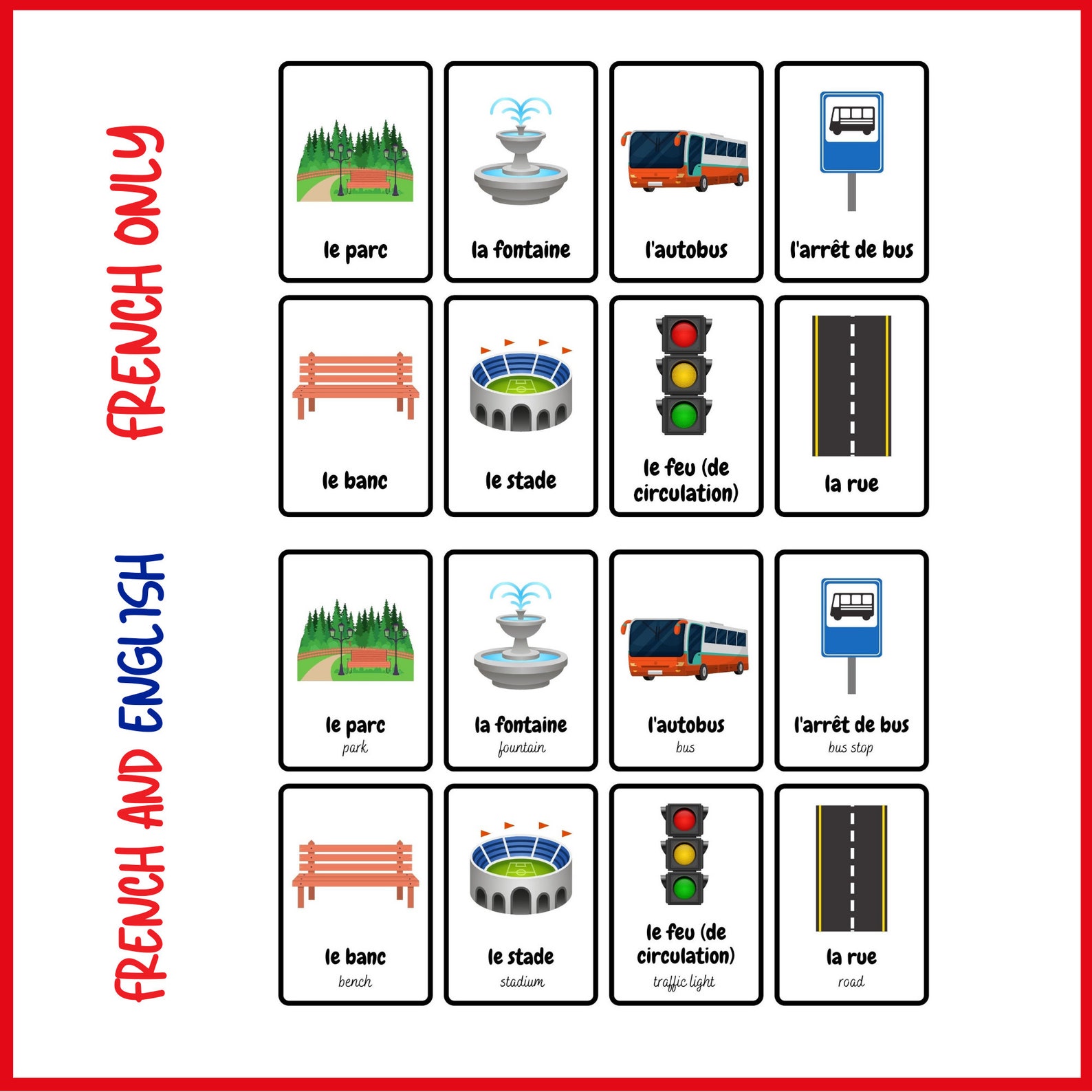 French Vocabulary Flashcards for Kids City / La Ville Fun French ...