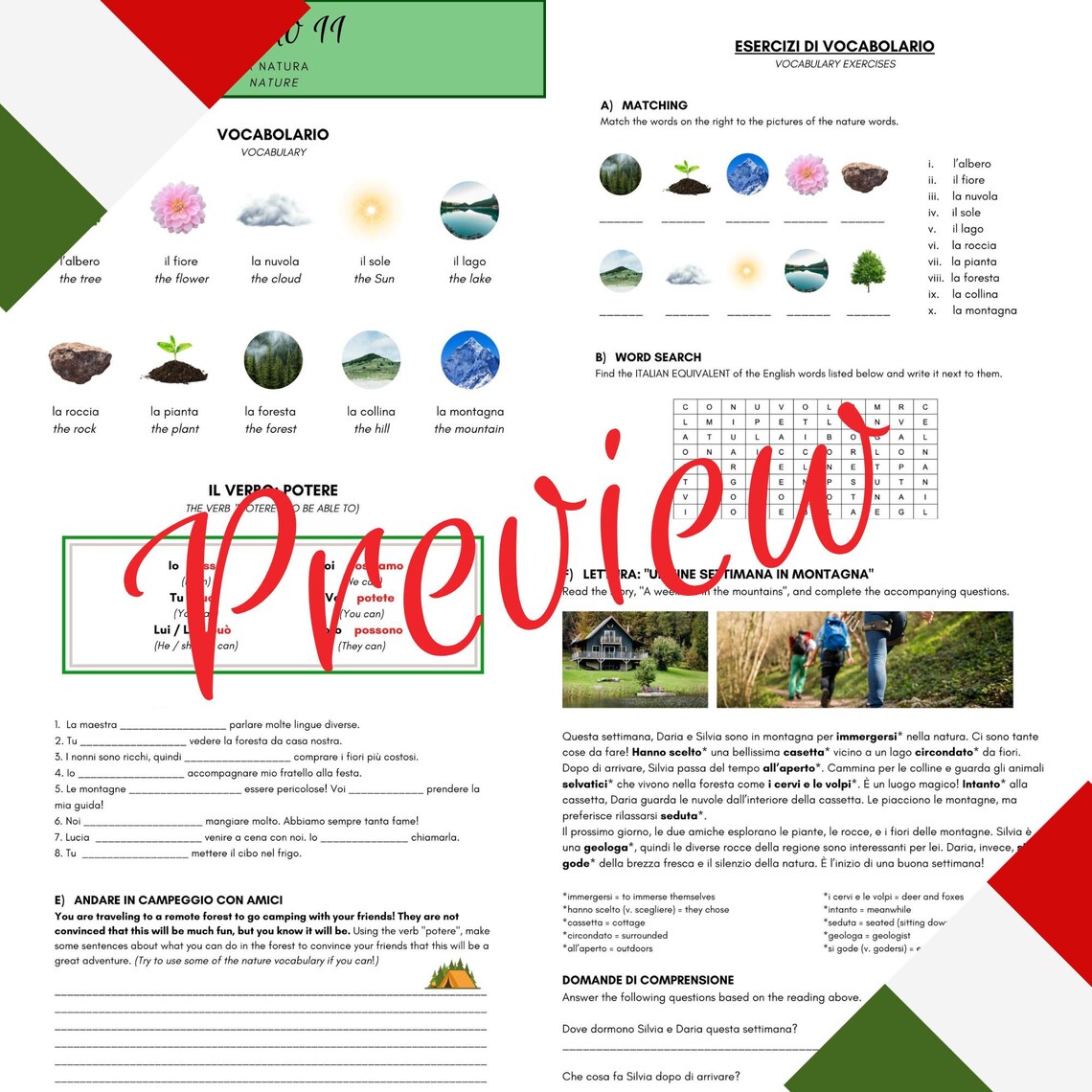 ITALIAN Vocabulary Sheets - Set #11 - La Natura - Nature - Worksheets ...