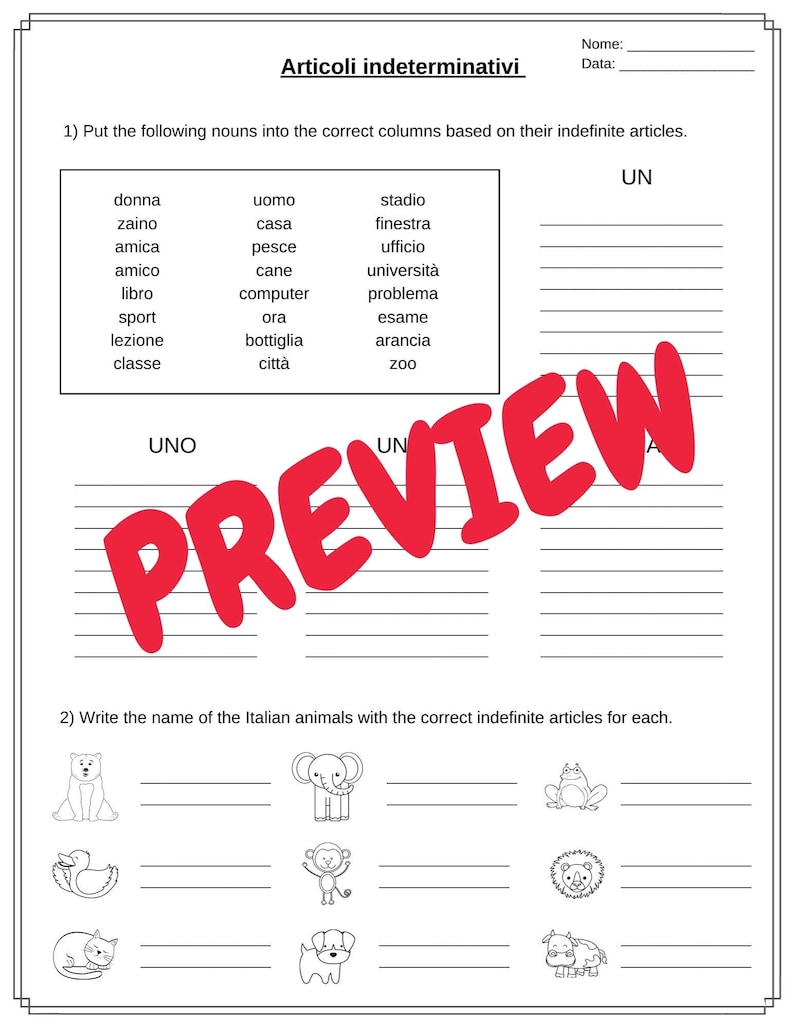 ITALIAN Indefinite Article Grammar Worksheets - Articoli ...