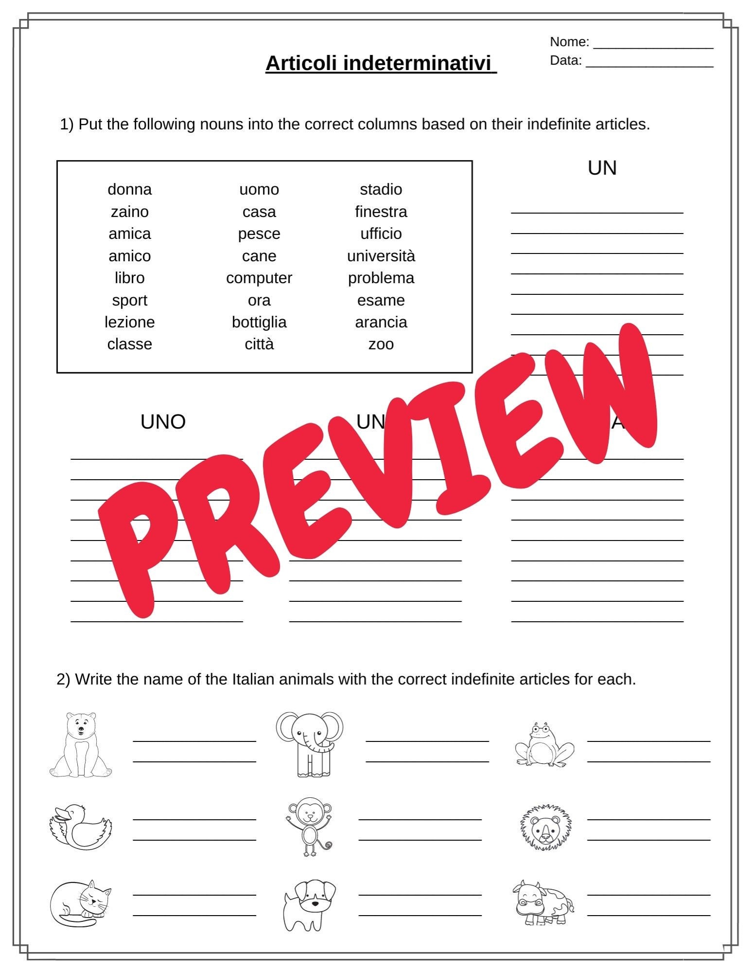 ITALIAN Indefinite Article Grammar Worksheets - Articoli ...