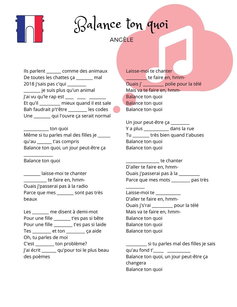 French Song Worksheets - Learn French - Fill in the Blanks Exercises ...