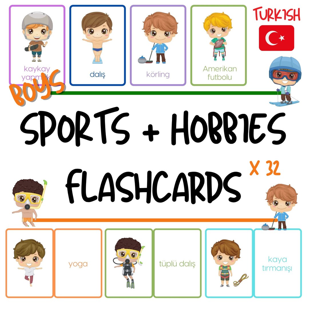 Turkish Sports + Hobbies (boys) Theme Flashcards for Kids - Turkish ...
