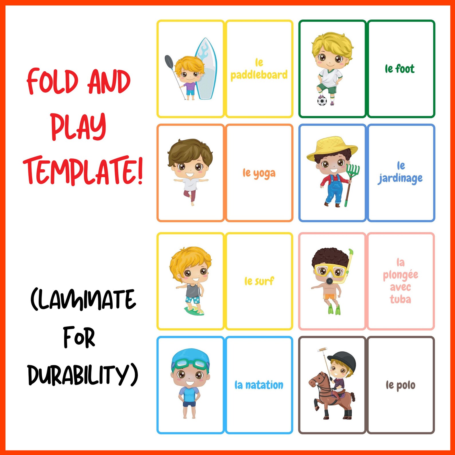 French Sports + Hobbies (boys) Theme Flashcards for Kids - French ...